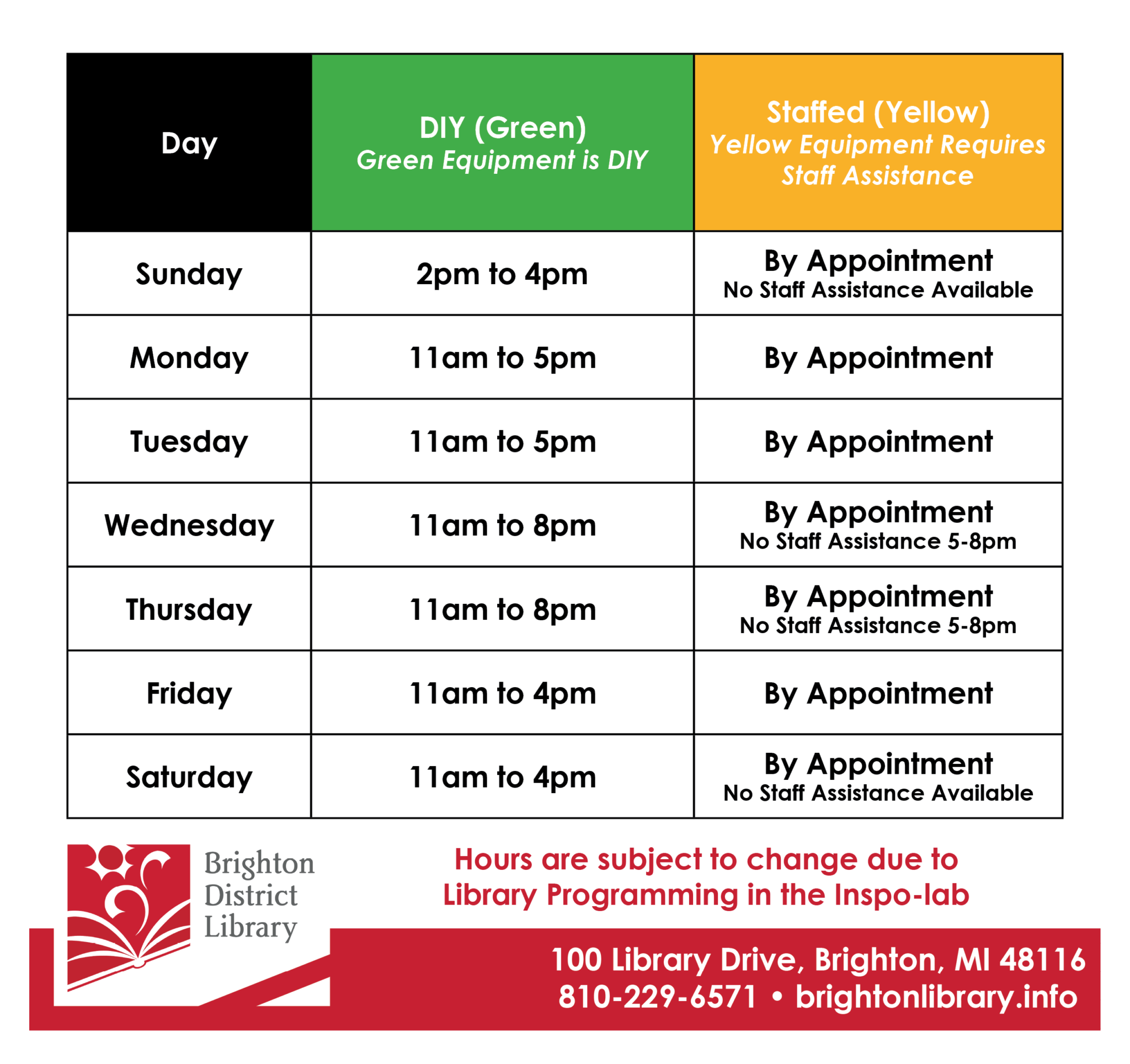 Inspo-lab Hours – Brighton District Library